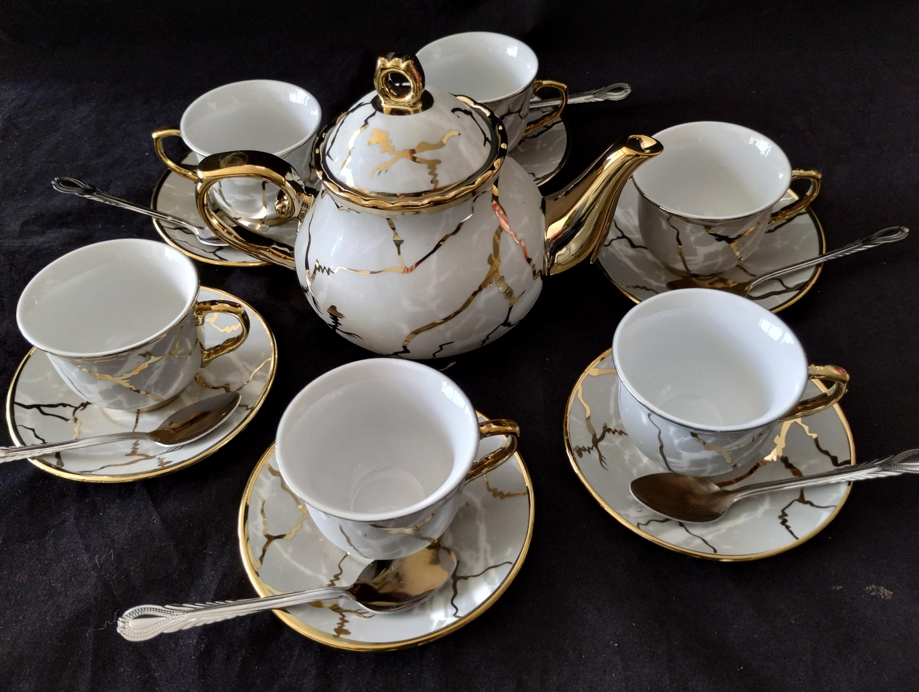 Gold Trim Grey Marble Tea Set: Teapot, 3oz Cups, Saucers, Spoons, Rack ...