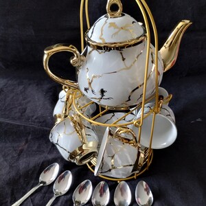 Gold Trim Grey Marble Tea Set: Teapot, 3oz Cups, Saucers, Spoons, Rack ...