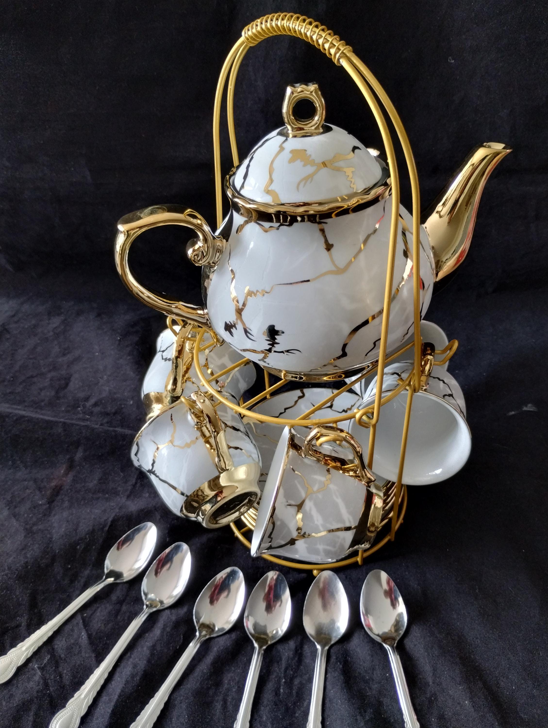Gold Trim Grey Marble Tea Set: Teapot, 3oz Cups, Saucers, Spoons, Rack ...