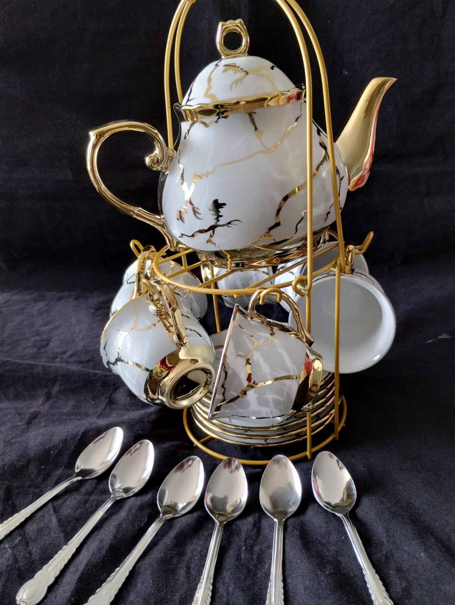 Gold Trim Grey Marble Tea Set: Teapot, 3oz Cups, Saucers, Spoons, Rack ...