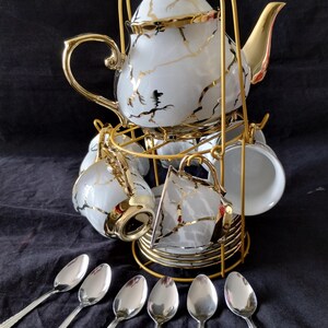 Gold Trim Grey Marble Tea Set: Teapot, 3oz Cups, Saucers, Spoons, Rack ...