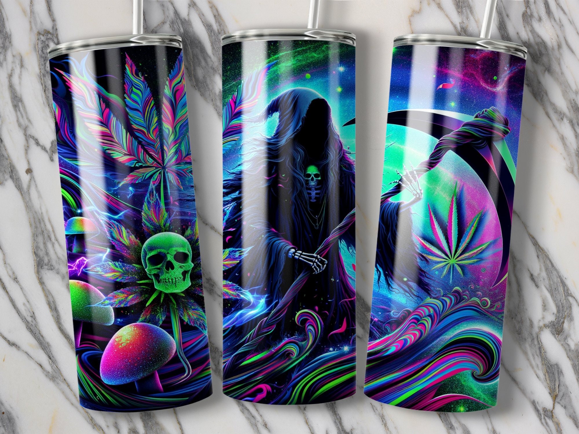 3D Psychedelic Grim Reaper Cannabis 20ozs Skinny Tumbler Wrap Designs ...