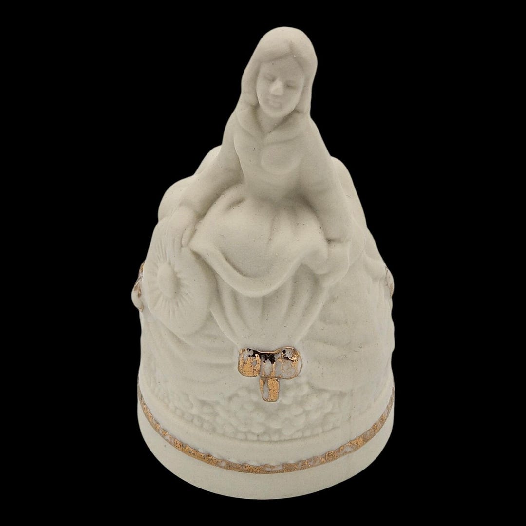 Vintage White Porcelain Bell Girl in Dress Gold Accents - Etsy