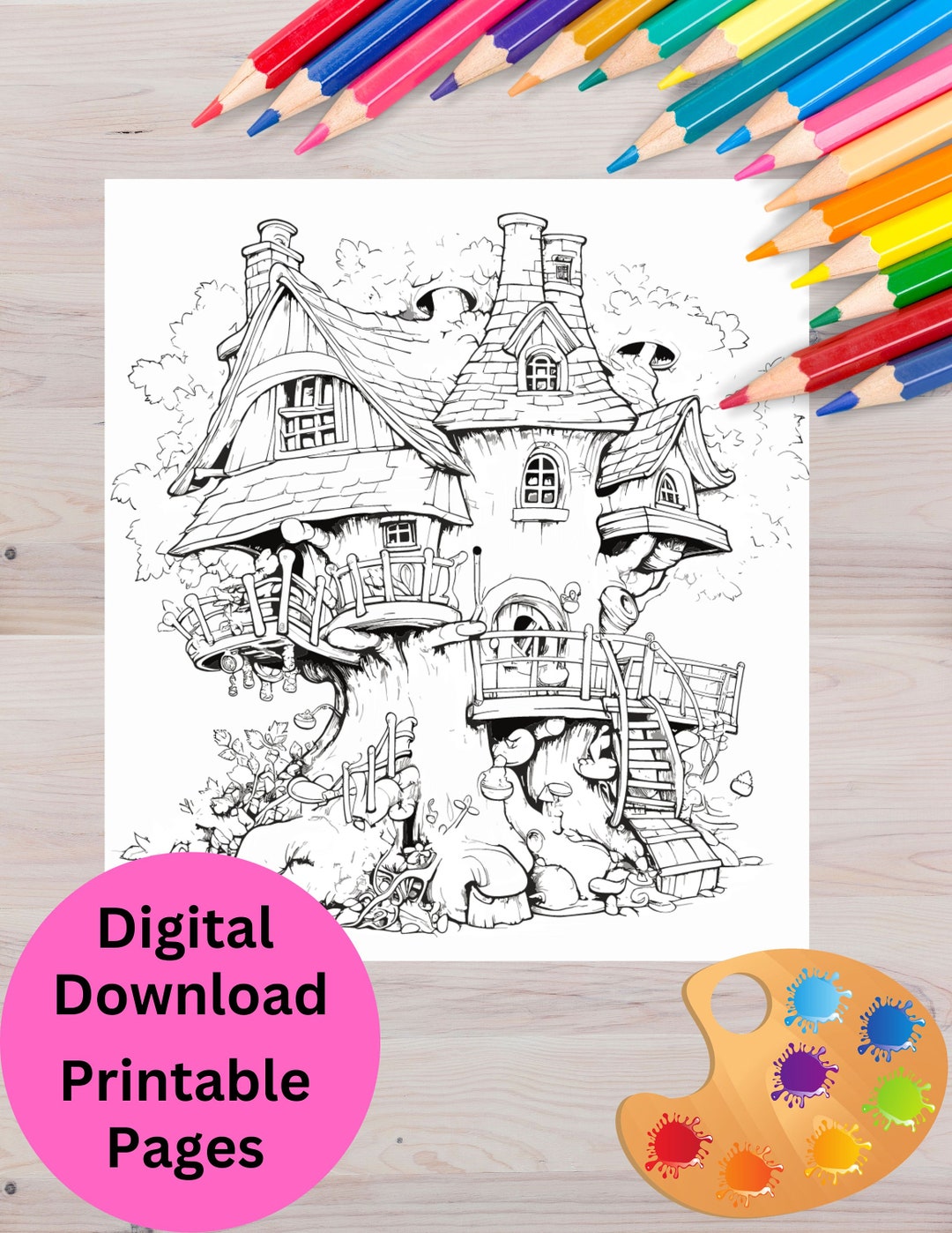 Whimsical Fairy House Coloring Pages, Digital Printable Download, Kids ...