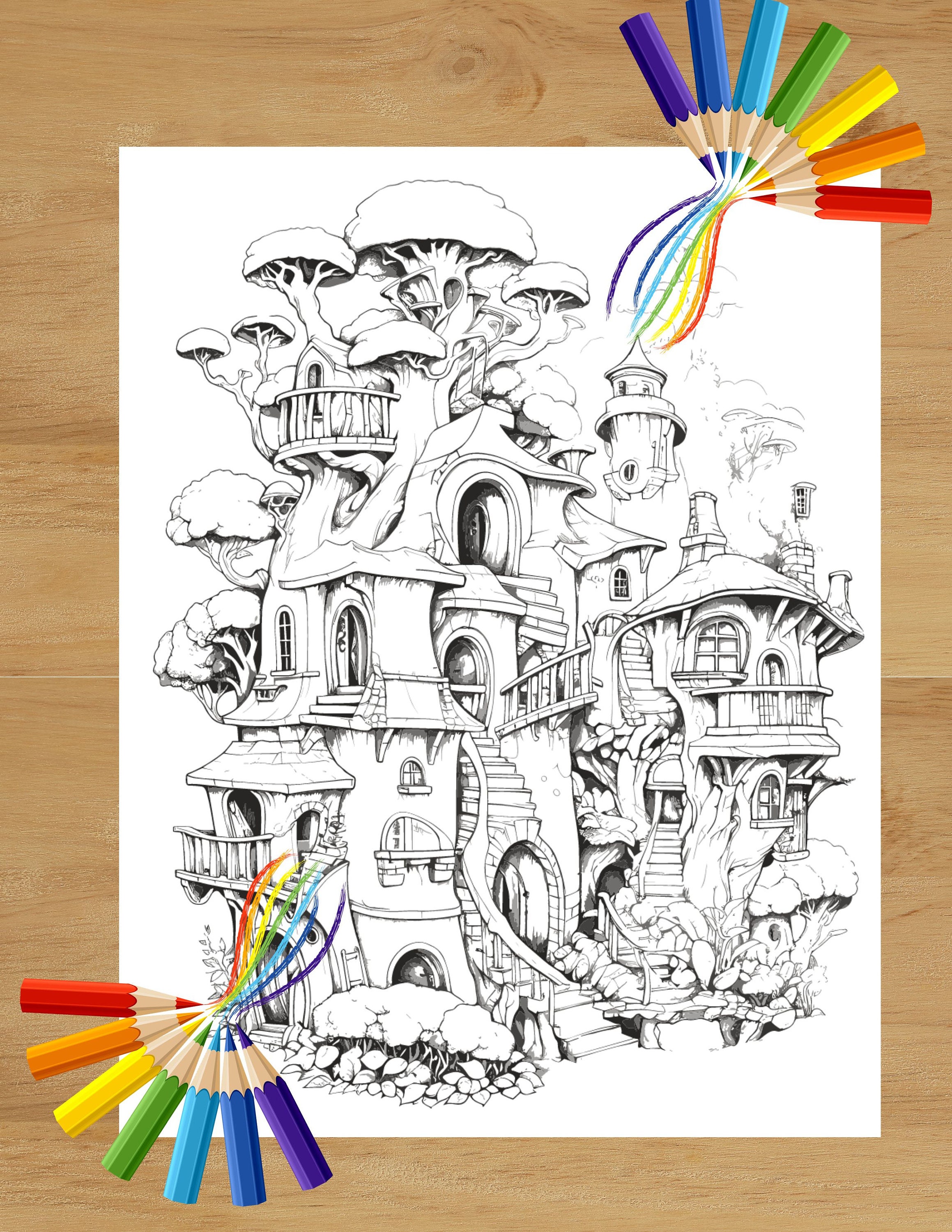 Whimsical Fairy House Coloring Pages, Digital Printable Download, Kids ...