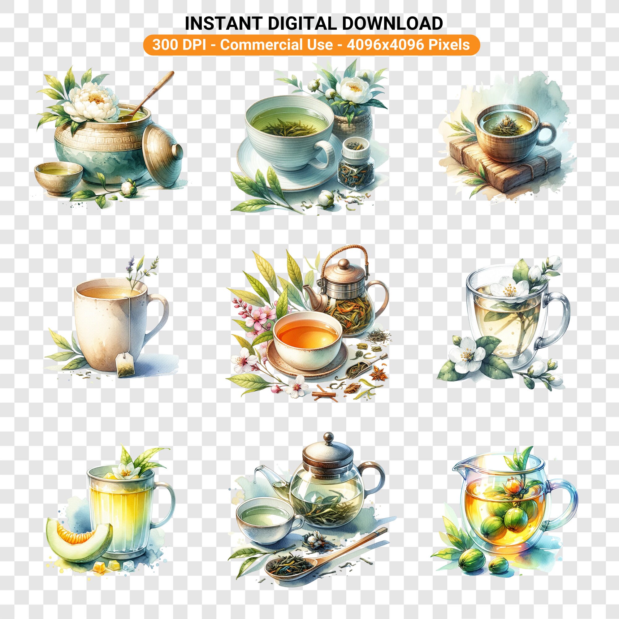 White Tea Clipart Bundle, Set of 60, White Tea PNG, White Tea Cuteness ...