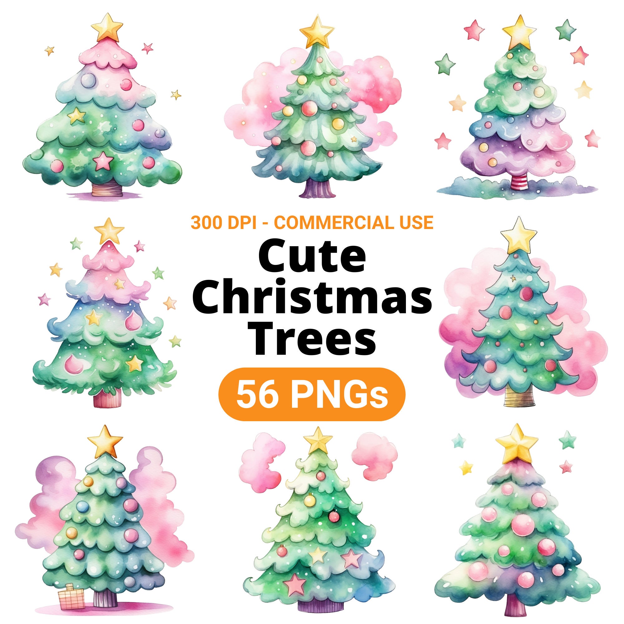 Cute Christmas Trees Clipart Bundle, Tree Watercolorful, Xmas Treepng ...