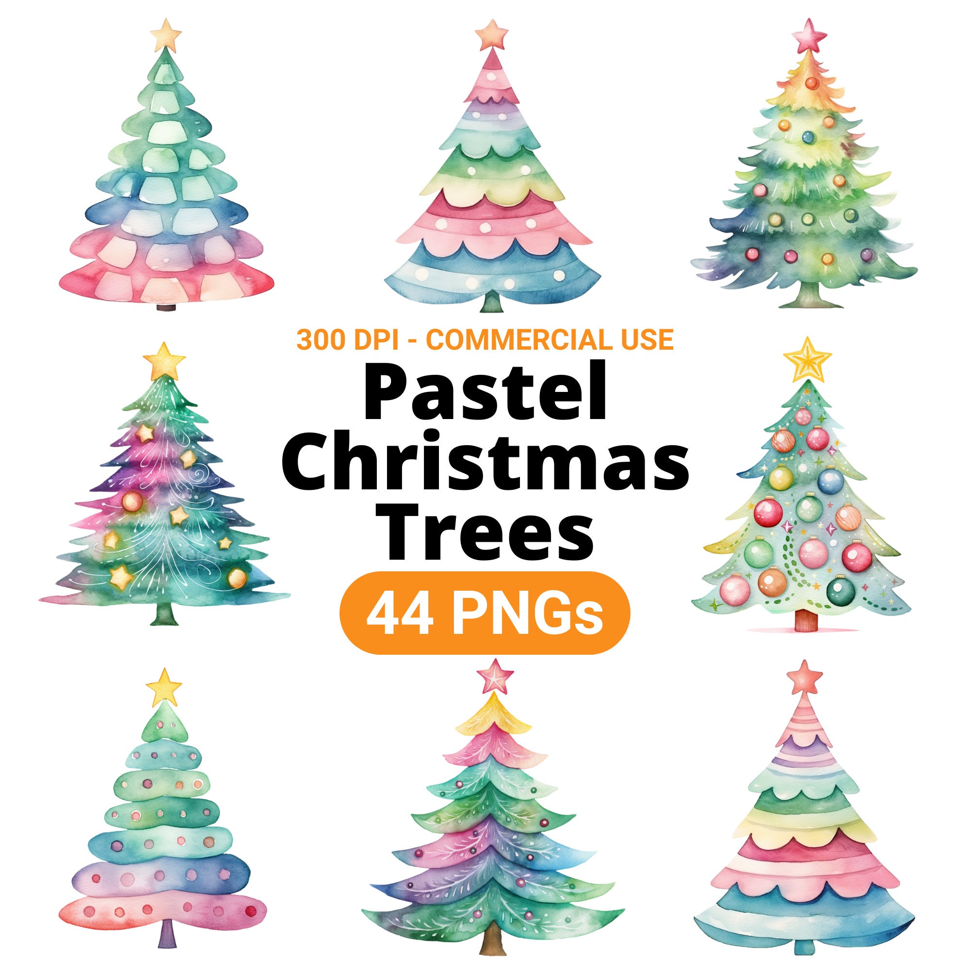 Pastel Christmas Trees Clipart Bundle, Tree Watercolorful, Xmas Treepng ...