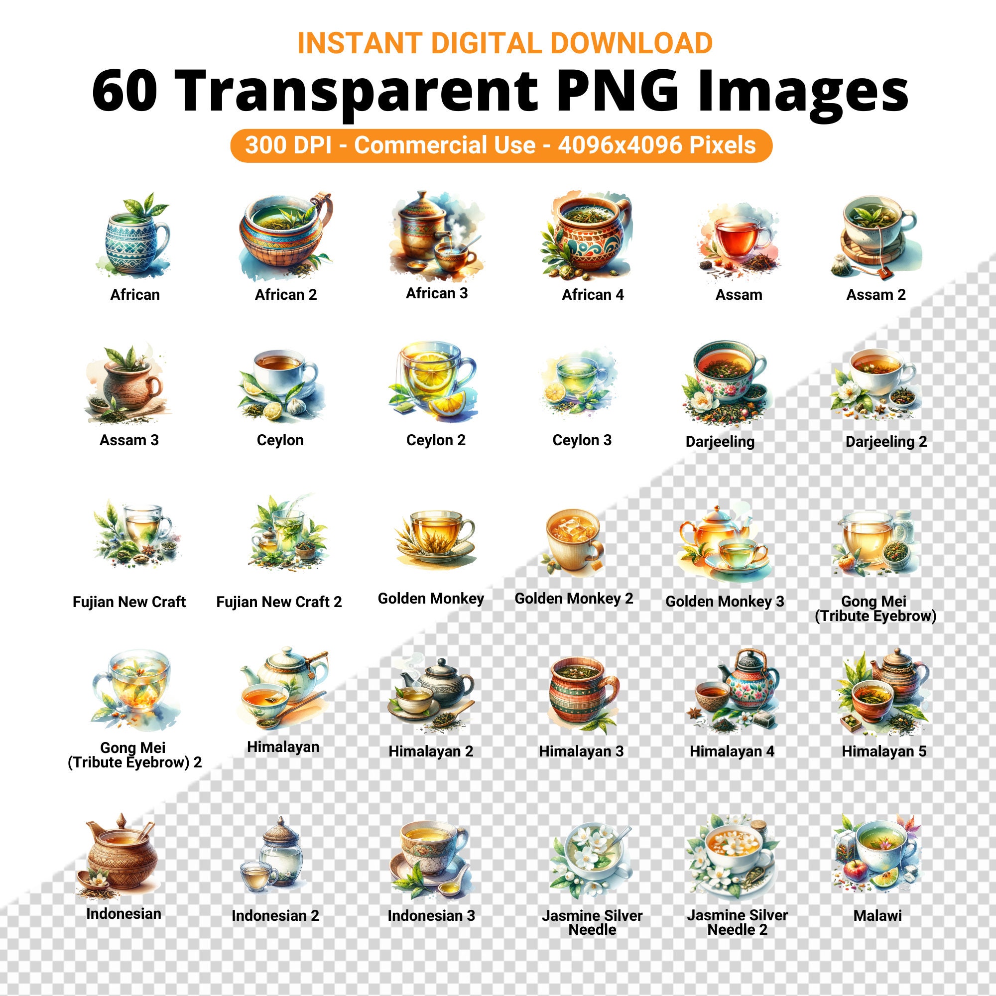 White Tea Clipart Bundle, Set of 60, White Tea PNG, White Tea Cuteness ...