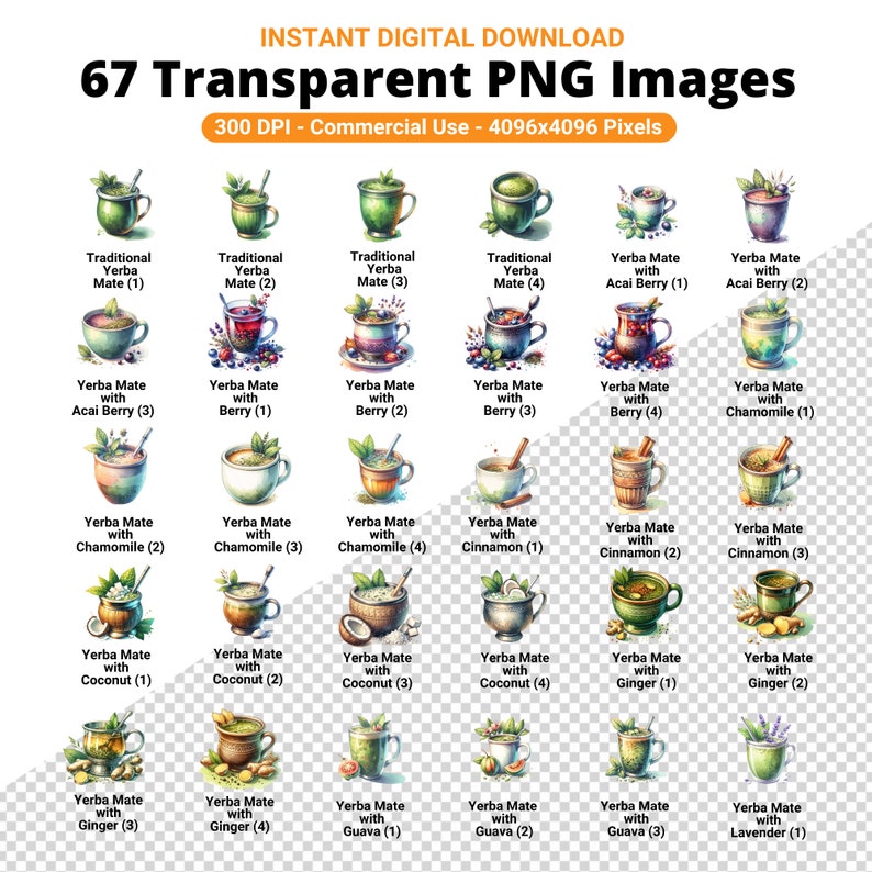 Yerba Mate Tea Clipart Bundle, Set of 67, Yerba Mate Tea PNG, Yerba ...