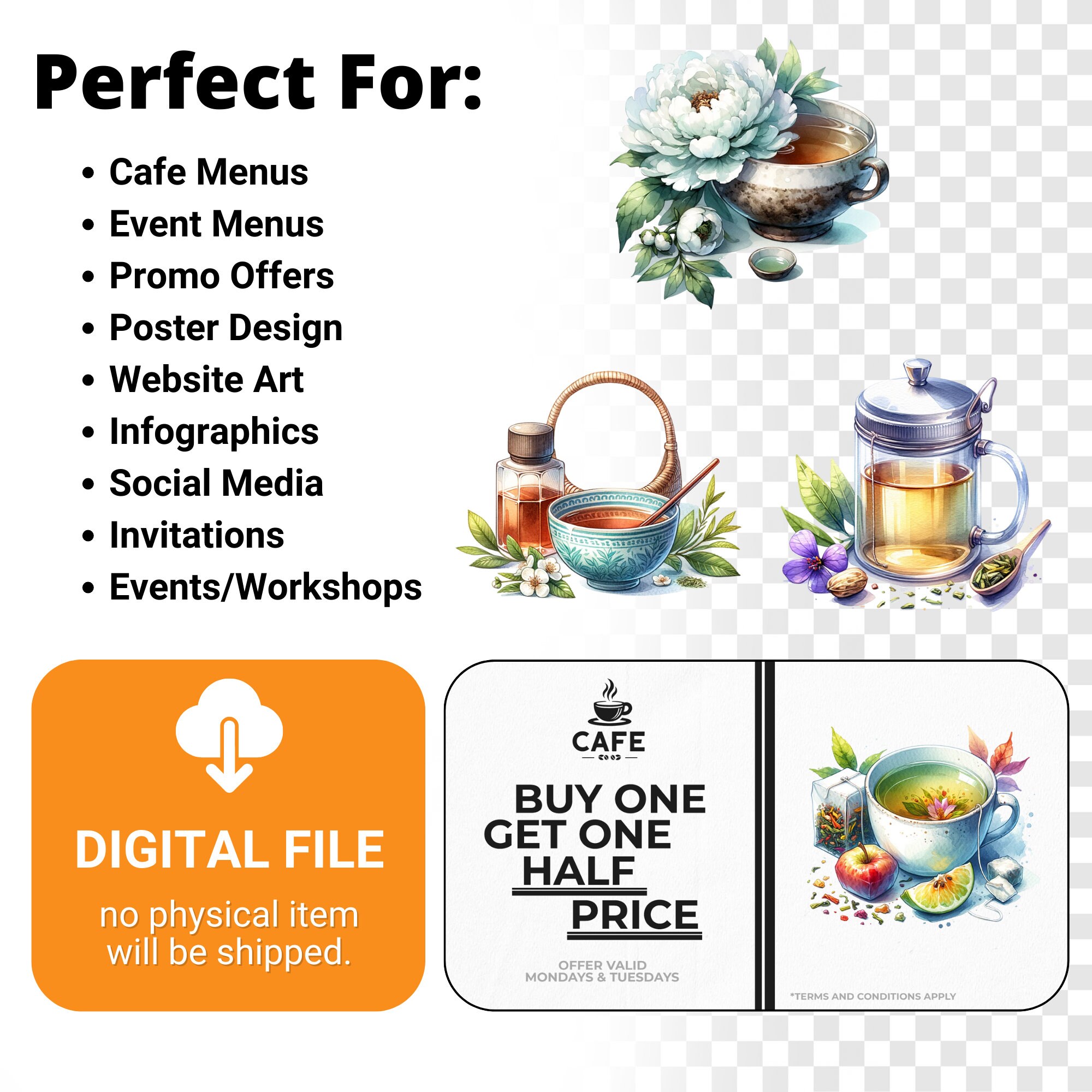 White Tea Clipart Bundle, Set of 60, White Tea PNG, White Tea Cuteness ...