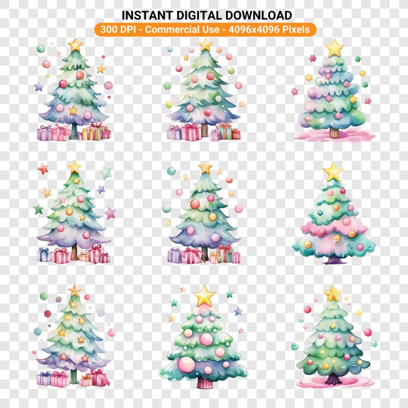 Cute Christmas Trees Clipart Bundle, Tree Watercolorful, Xmas Treepng ...