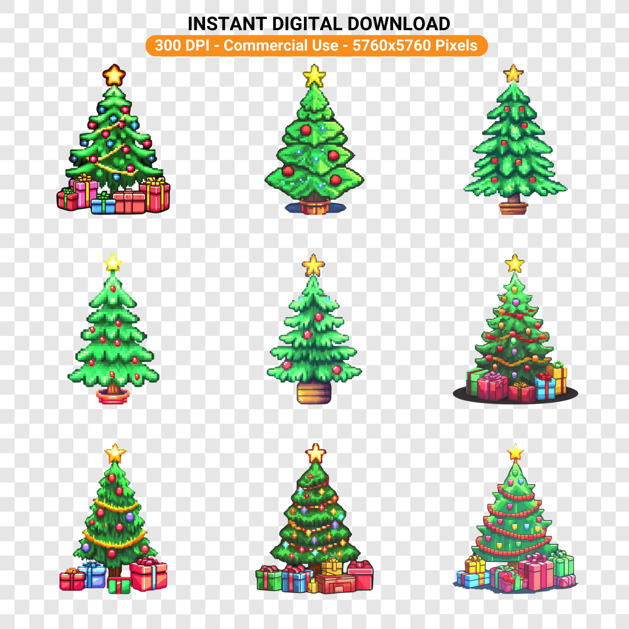 Pixel Art Christmas Trees Clipart Bundle, Tree Watercolorful, Xmas ...