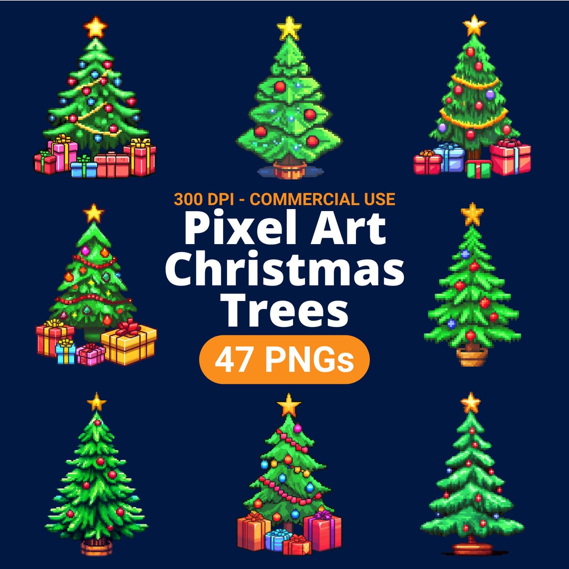 Pixel Art Christmas Trees Clipart Bundle, Tree Watercolorful, Xmas ...
