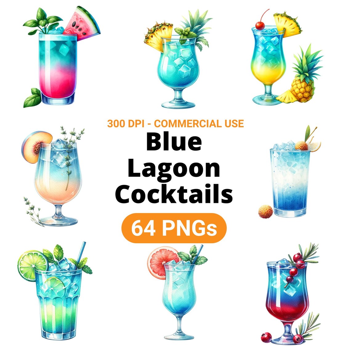 Blue Lagoon Cocktail Clipart Bundle, Set of 64, Blue Lagoon PNG, Blue ...