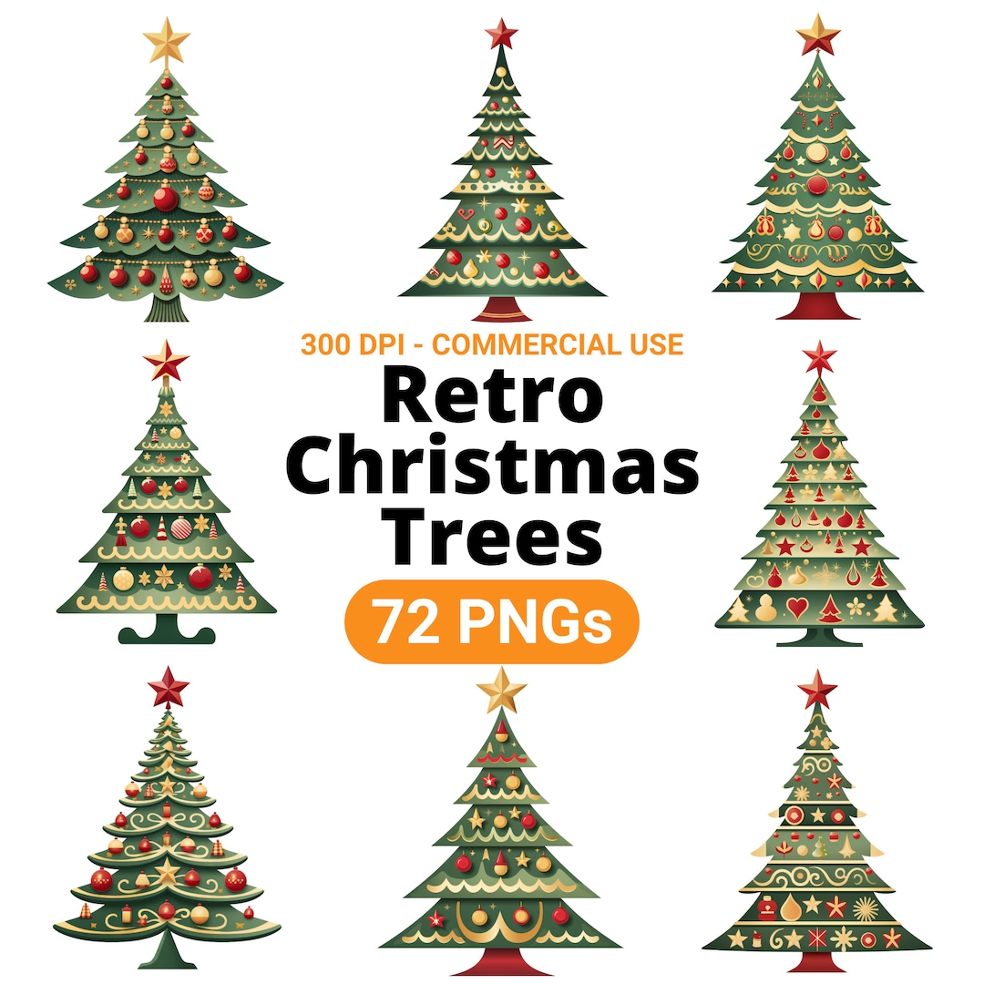 Retro Christmas Trees Clipart Bundle, Tree Watercolorful, Xmas Treepng ...
