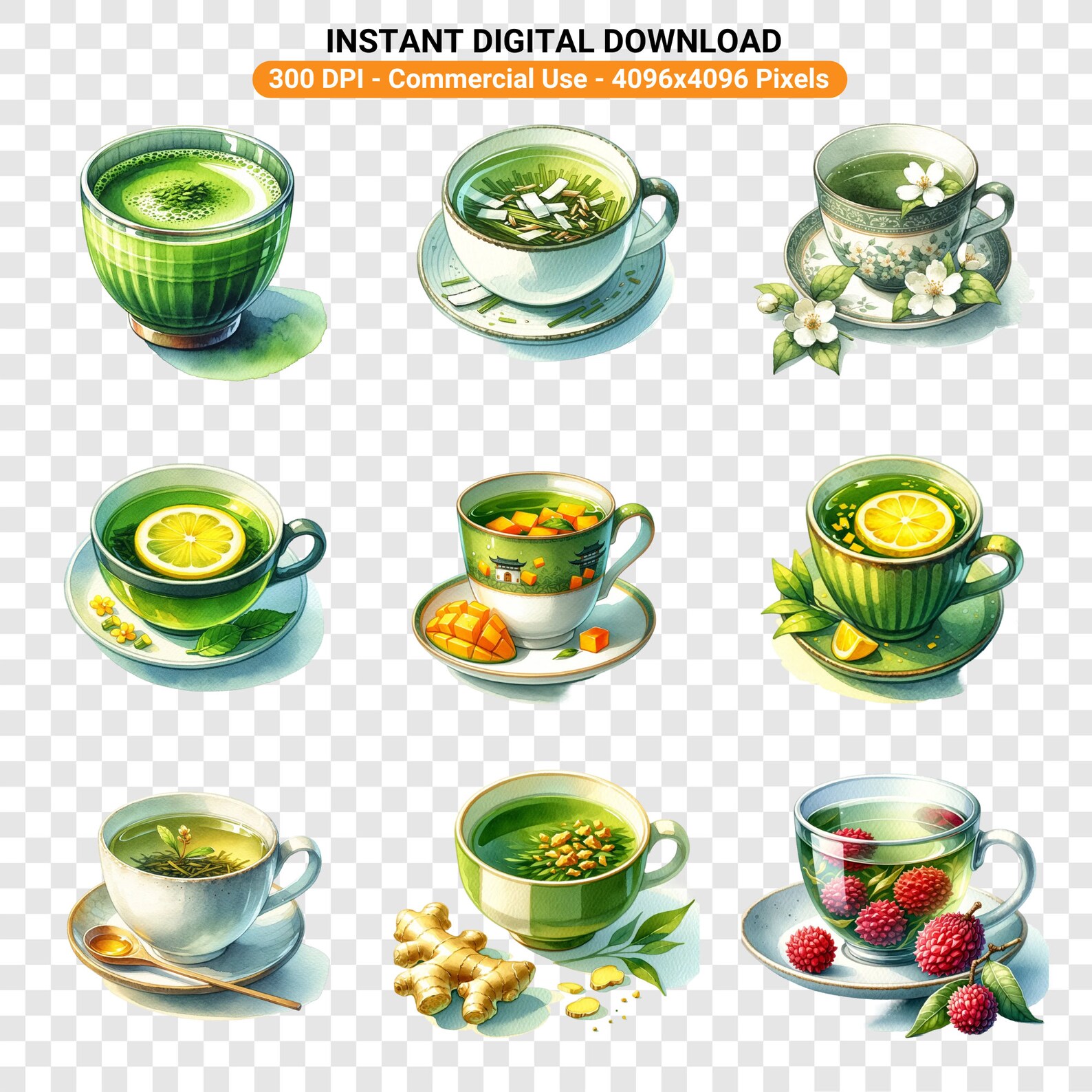Sencha Tea Clipart Bundle, Set of 64, Sencha Tea PNG, Sencha Tea ...