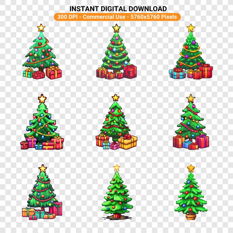 Pixel Art Christmas Trees Clipart Bundle, Tree Watercolorful, Xmas ...