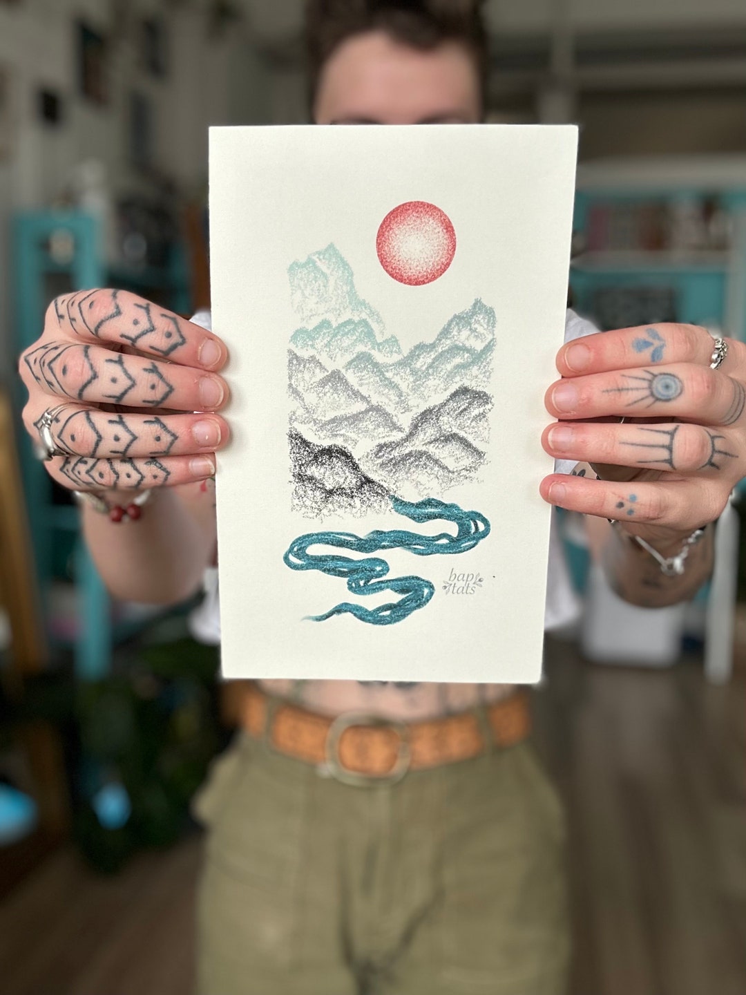 Mountain Range Gradient With River and Sun Stipple Art Print Poster - Etsy