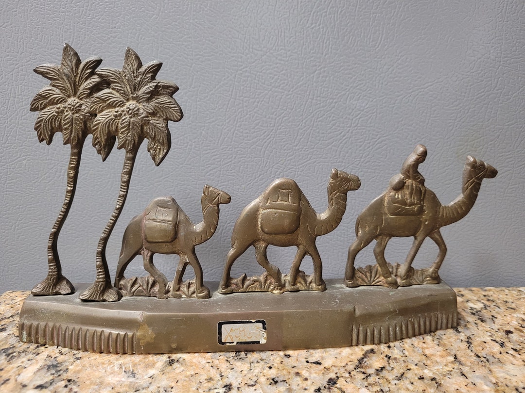 Vintage Camel Caravan Brass Sculpture Statue With Palm Trees From ...