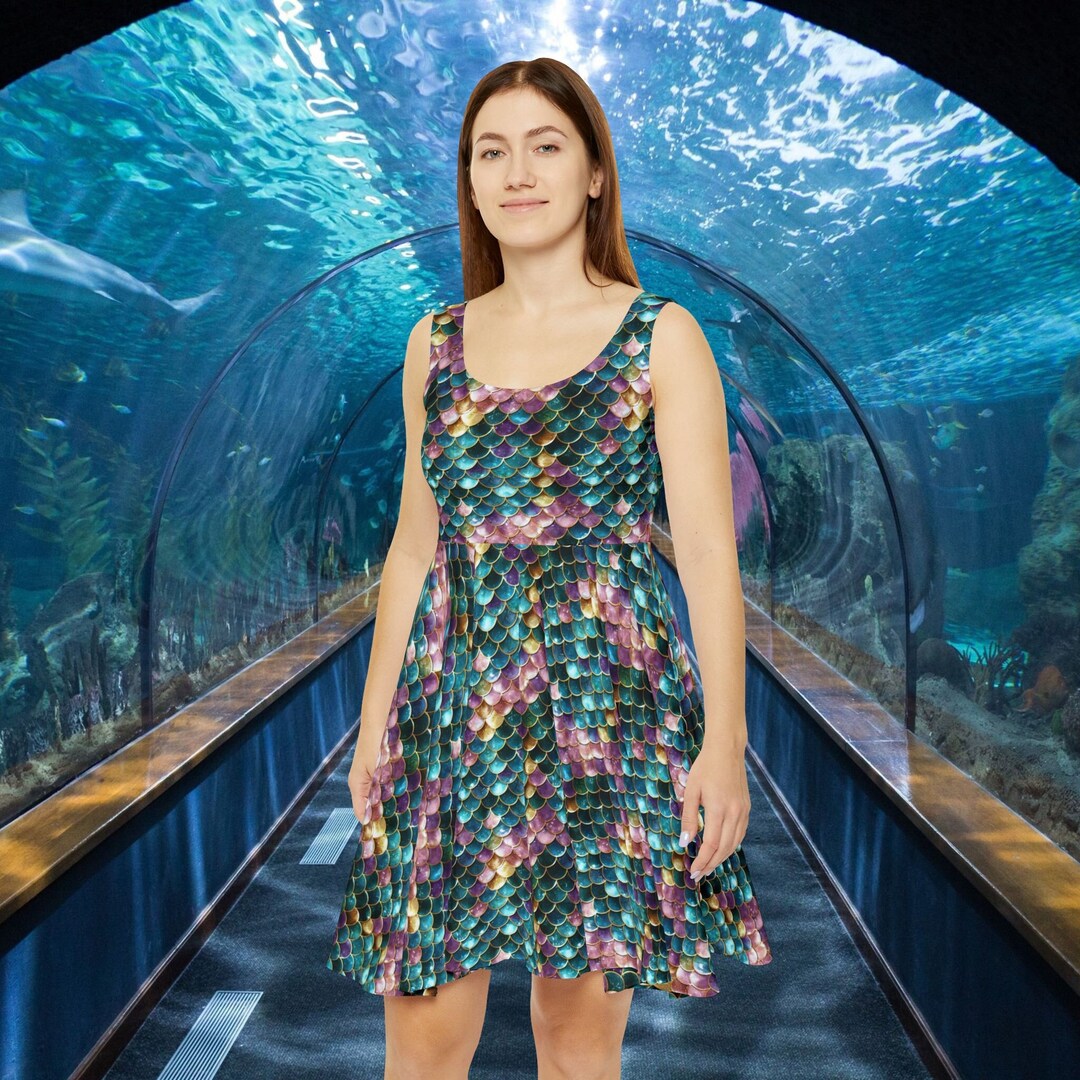 Mermaid Scales Skater Dress With Glistening, Jewel-toned Mermaid Scales ...