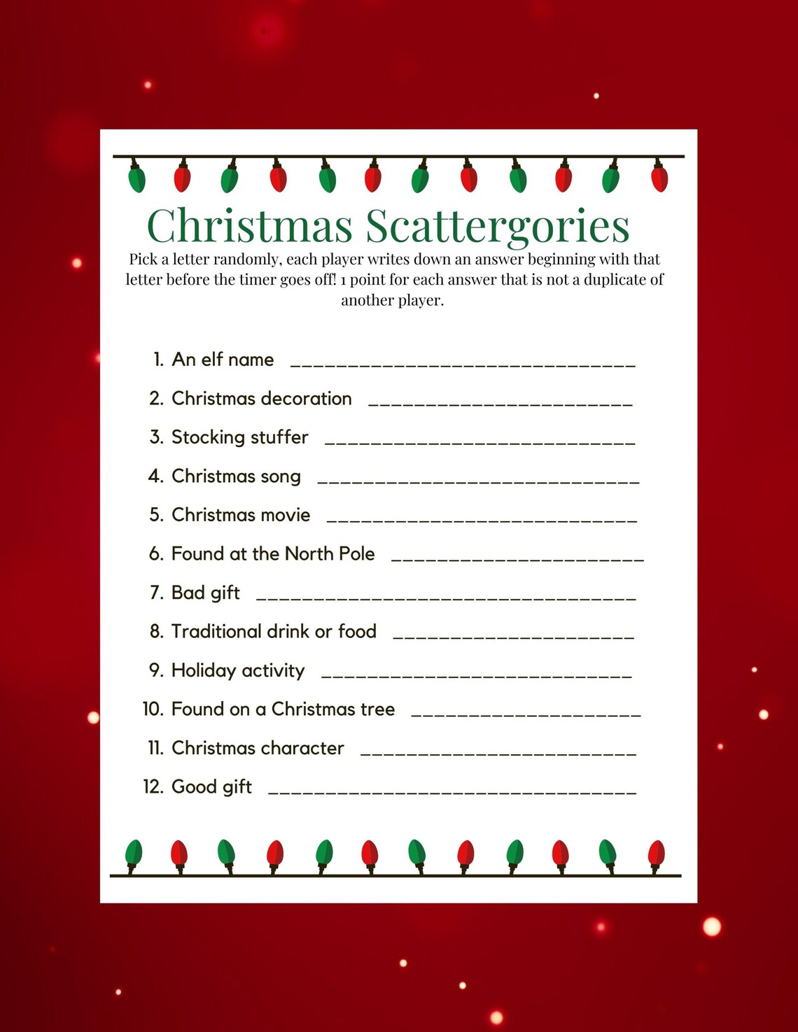Christmas Scattergories - Printable Holiday Party Game - Instant ...