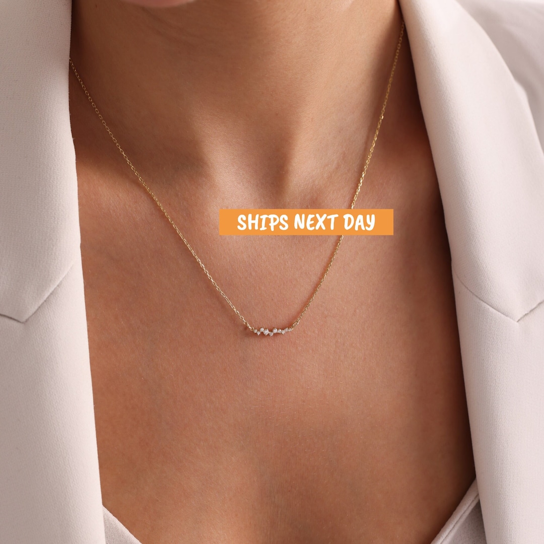 Minimalist Diamond Necklace, Dainty Diamond Necklace, Curved Cluster ...