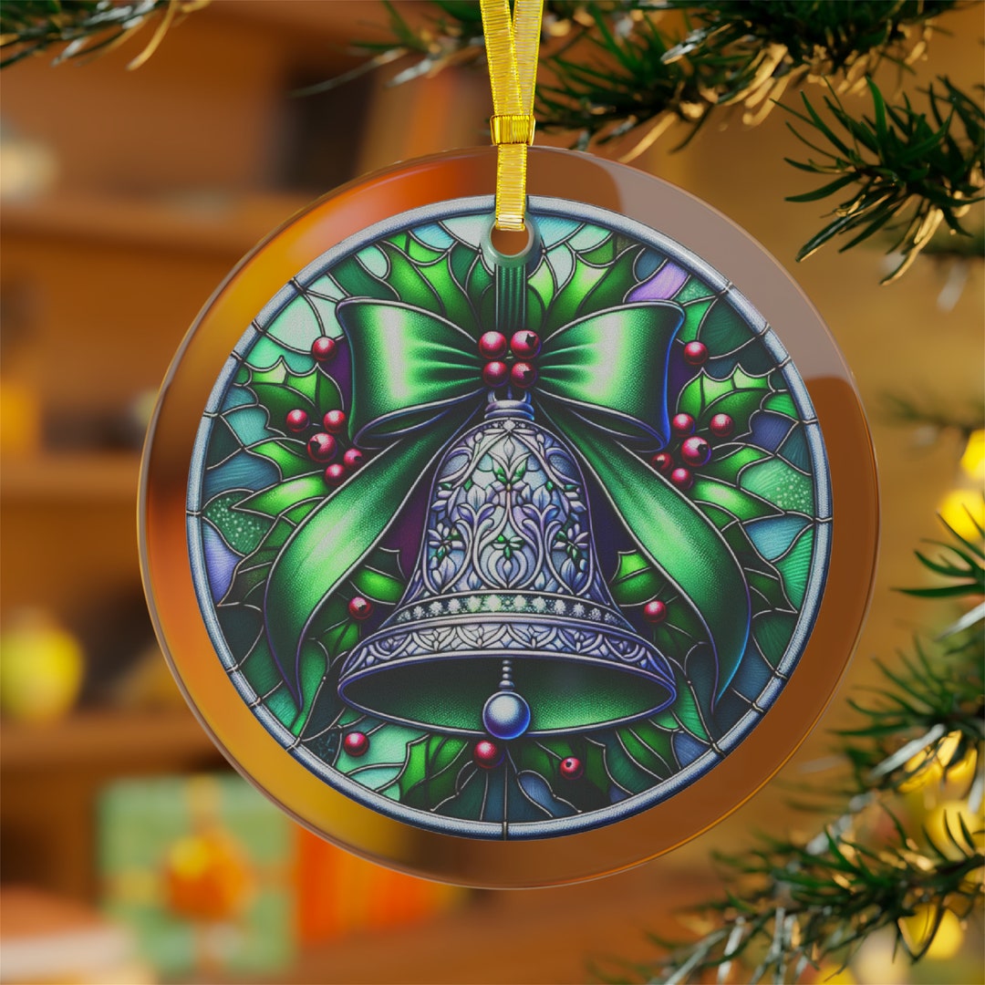 Festive Christmas Bell Stained Glass Circle Shaped Ornament 100 Clear