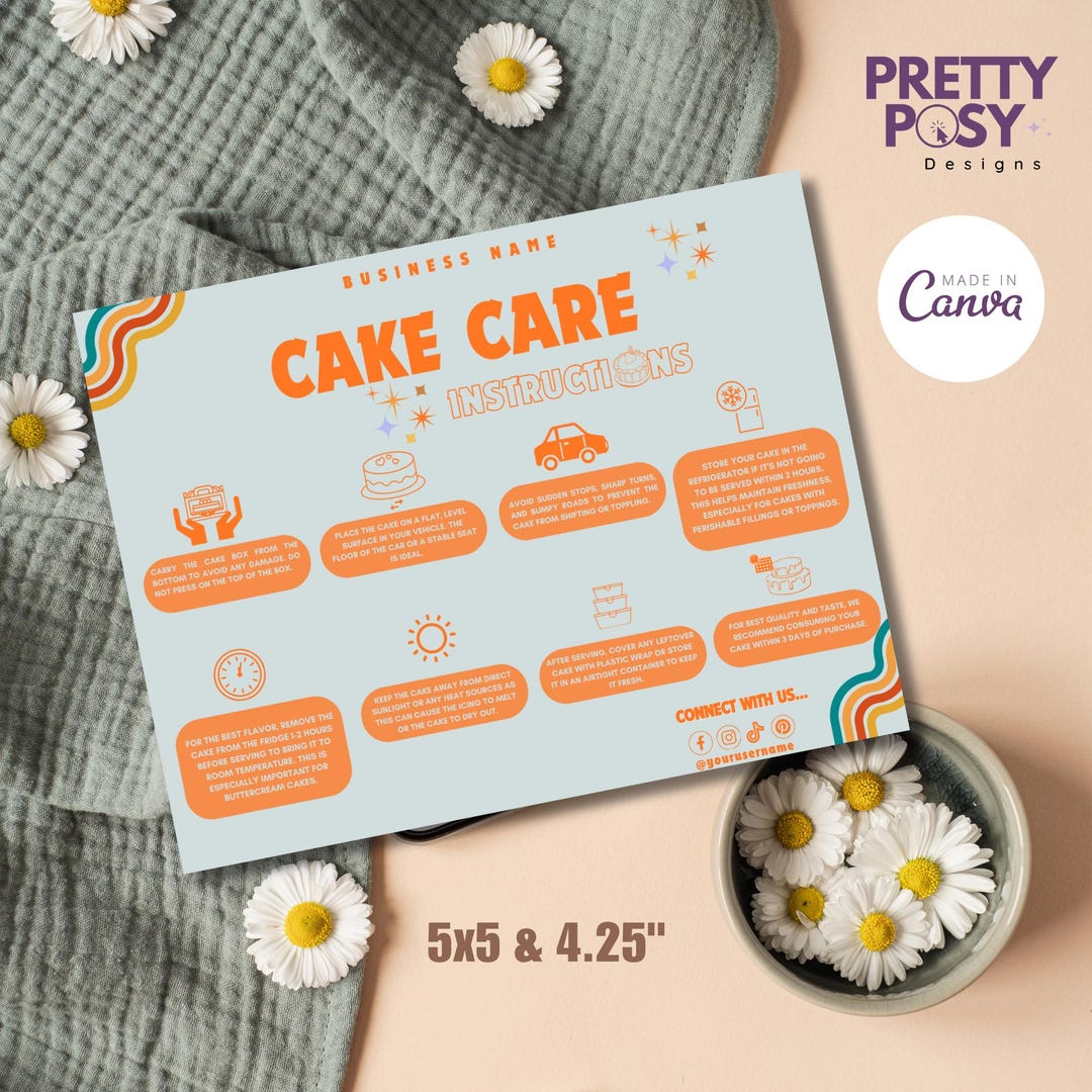 Cake Care Card Template, Cake Care Instructions,bakery Template,bakery ...