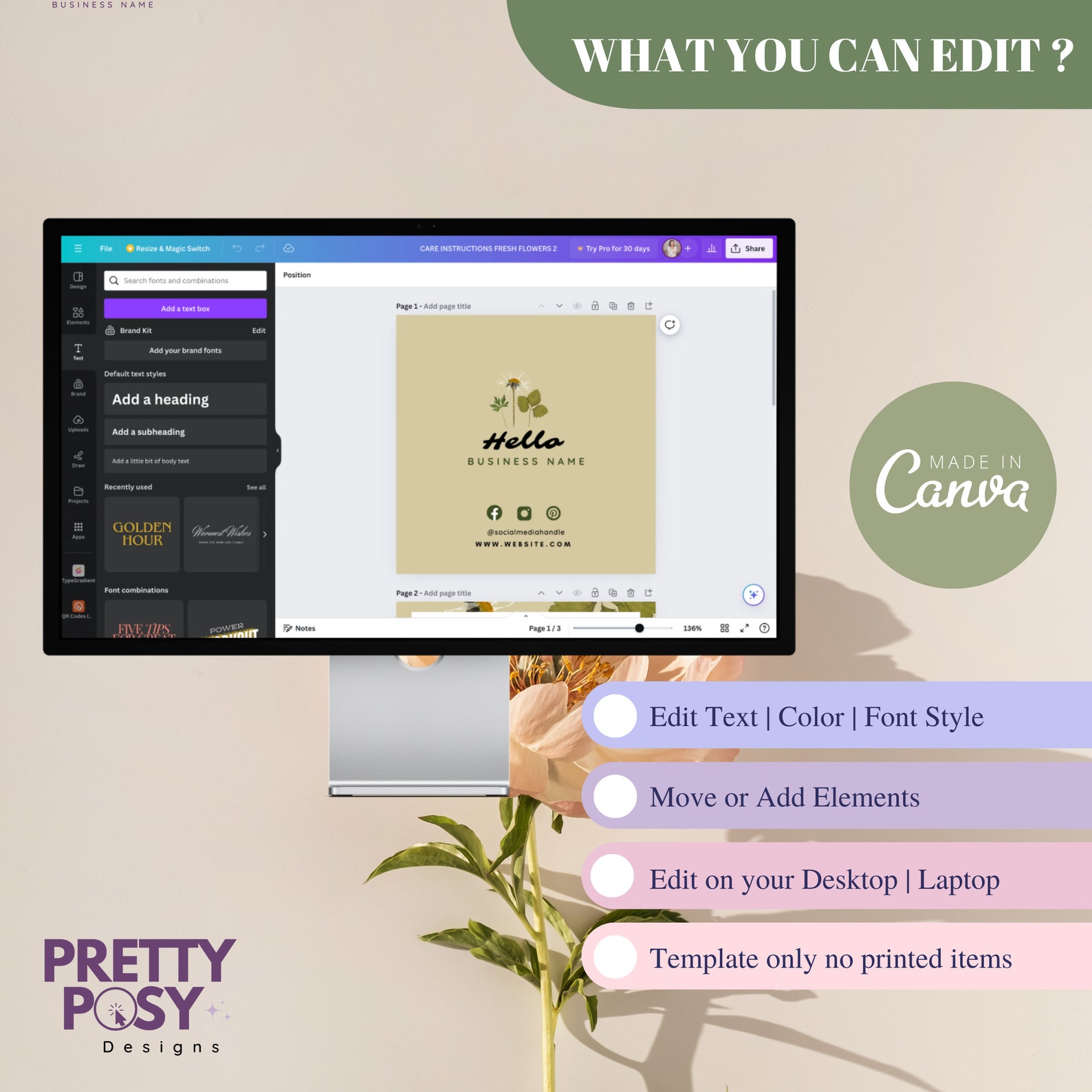 Fresh Flower Care Card Template: Florist Instructions (digital Download ...