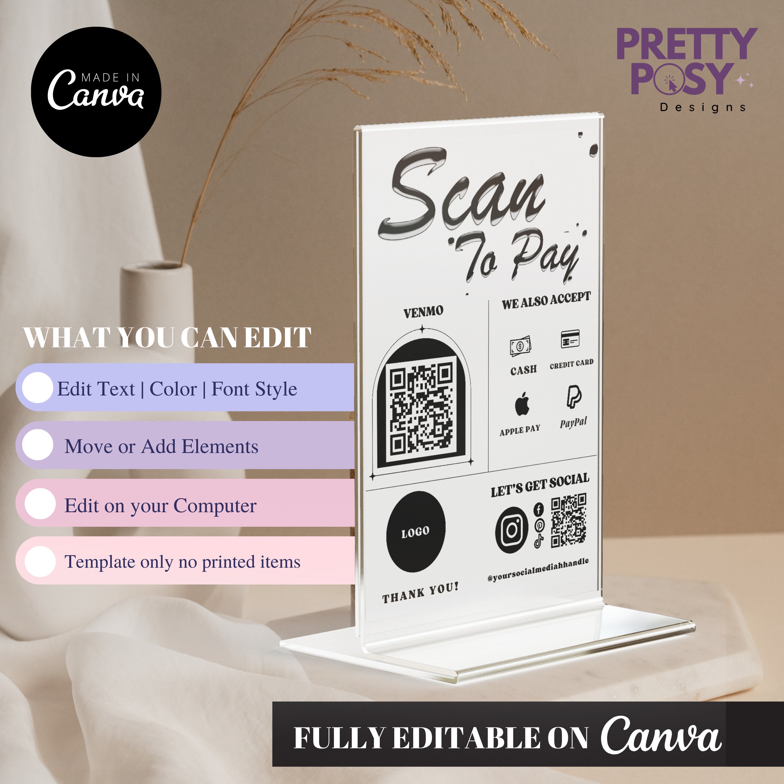 Editable Scan to Pay Card Venmo QR Code Sign Template Canva - Etsy