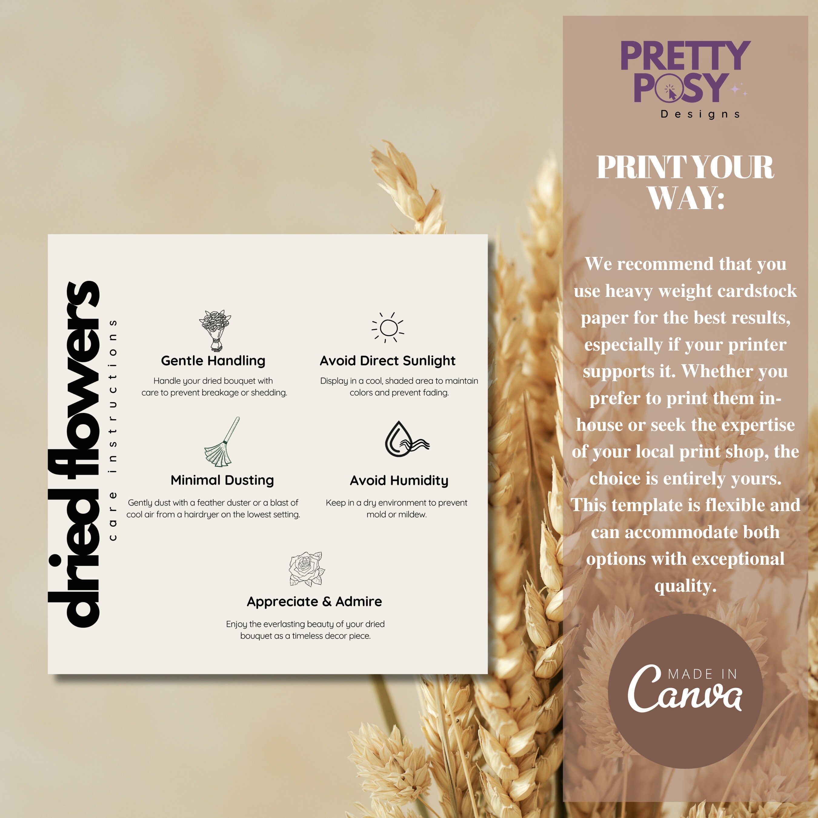 Editable Dried Flowers Bouquet Care Instructions Card,florist Care Card ...
