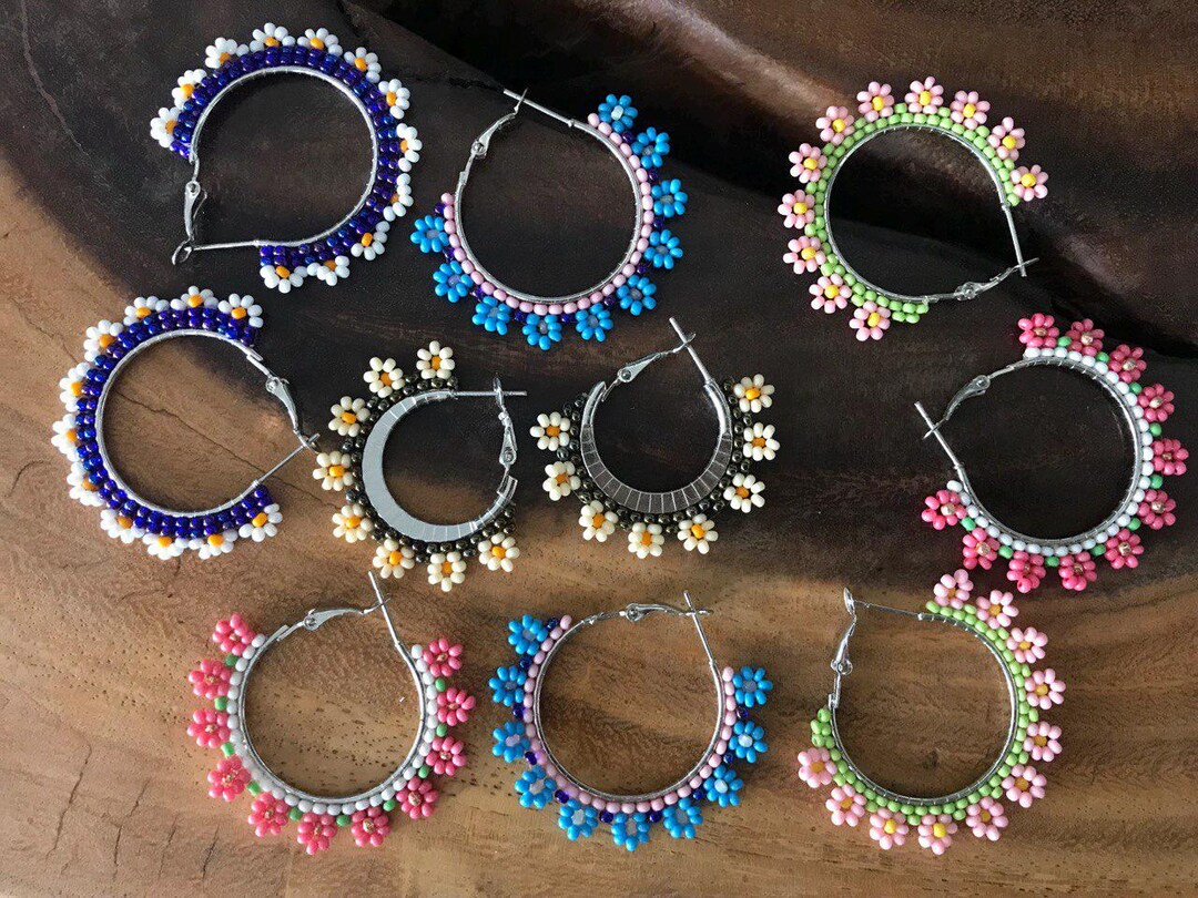 Handmade Beaded Flower Hoop Earrings | Czech Preciosa Beads - Etsy