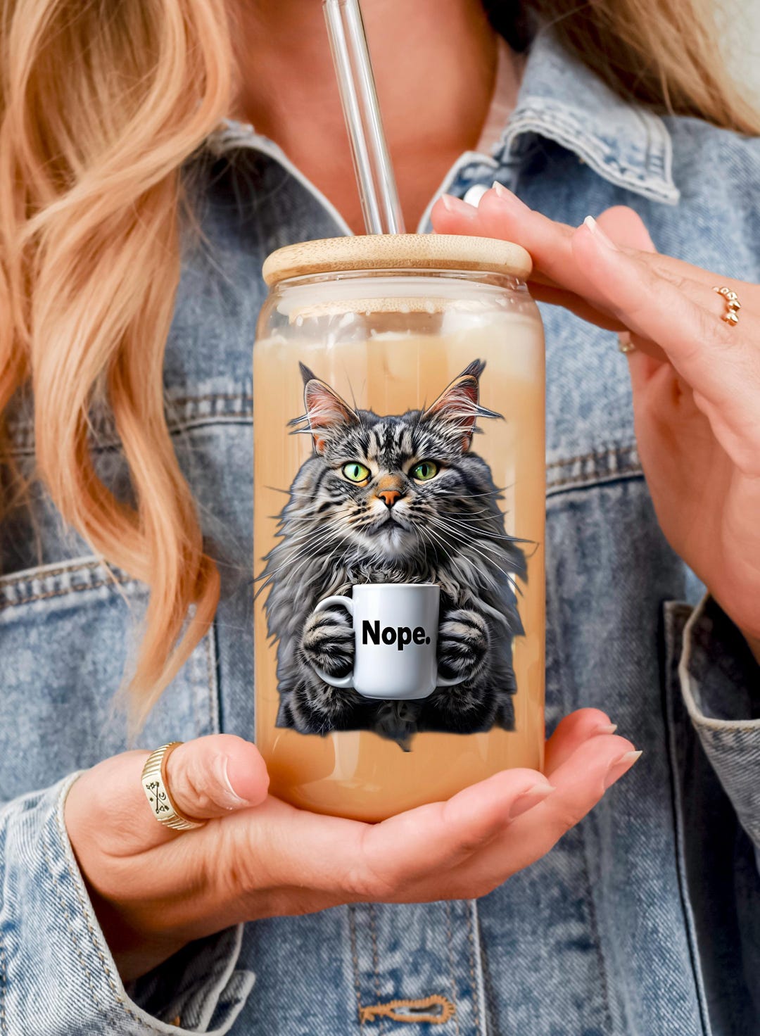 Iced Latte Glass, Iced Coffee Cup, Hilarious Cat Meme Sipper With Straw ...