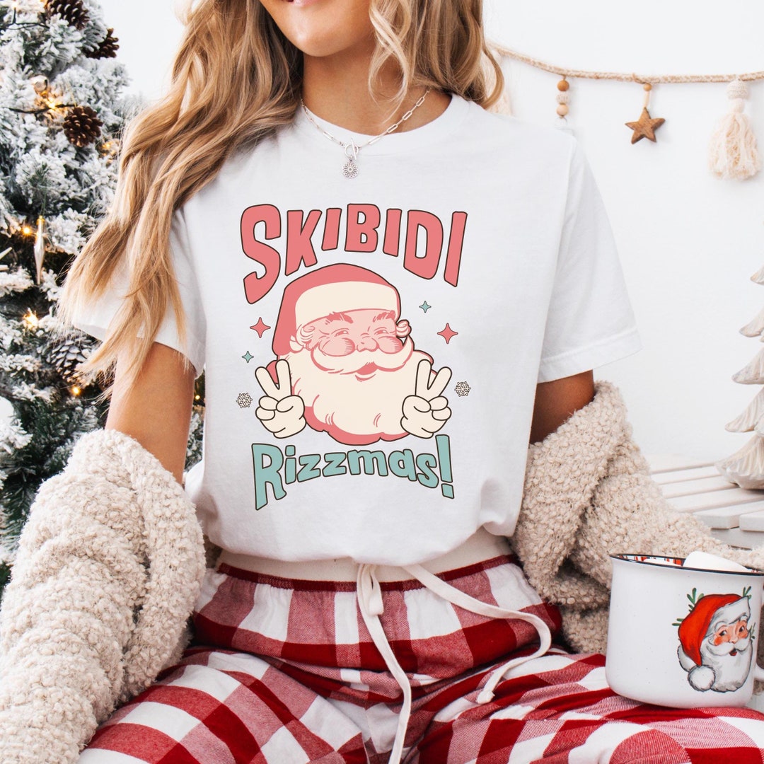 Funny Christmas Skibidi Rizzmas Unisex Tee, Vintage Santa Peace Sign ...