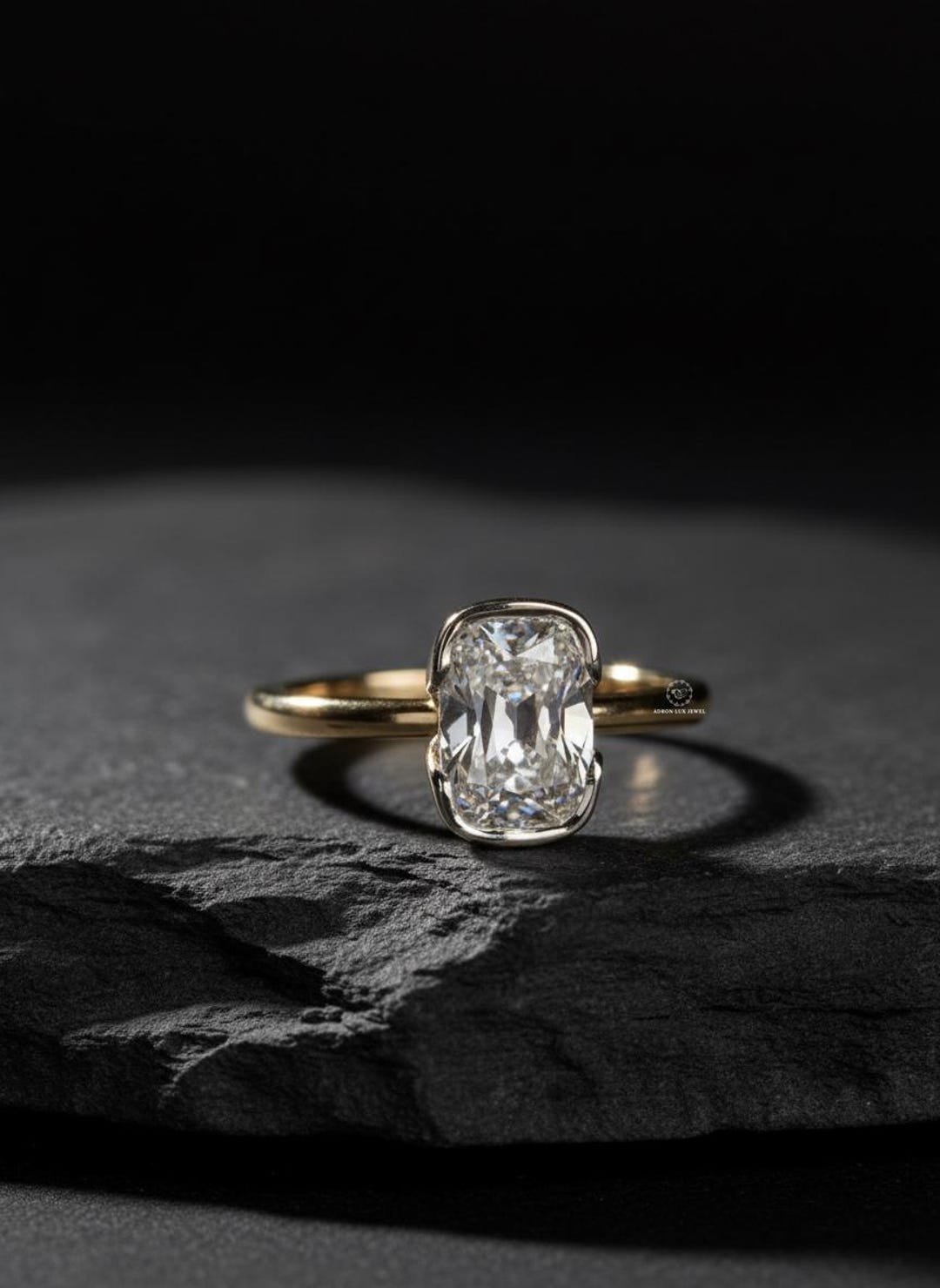 Two Tone Half Bezel Set Ring, Elongated Cushion Cut Colorless ...