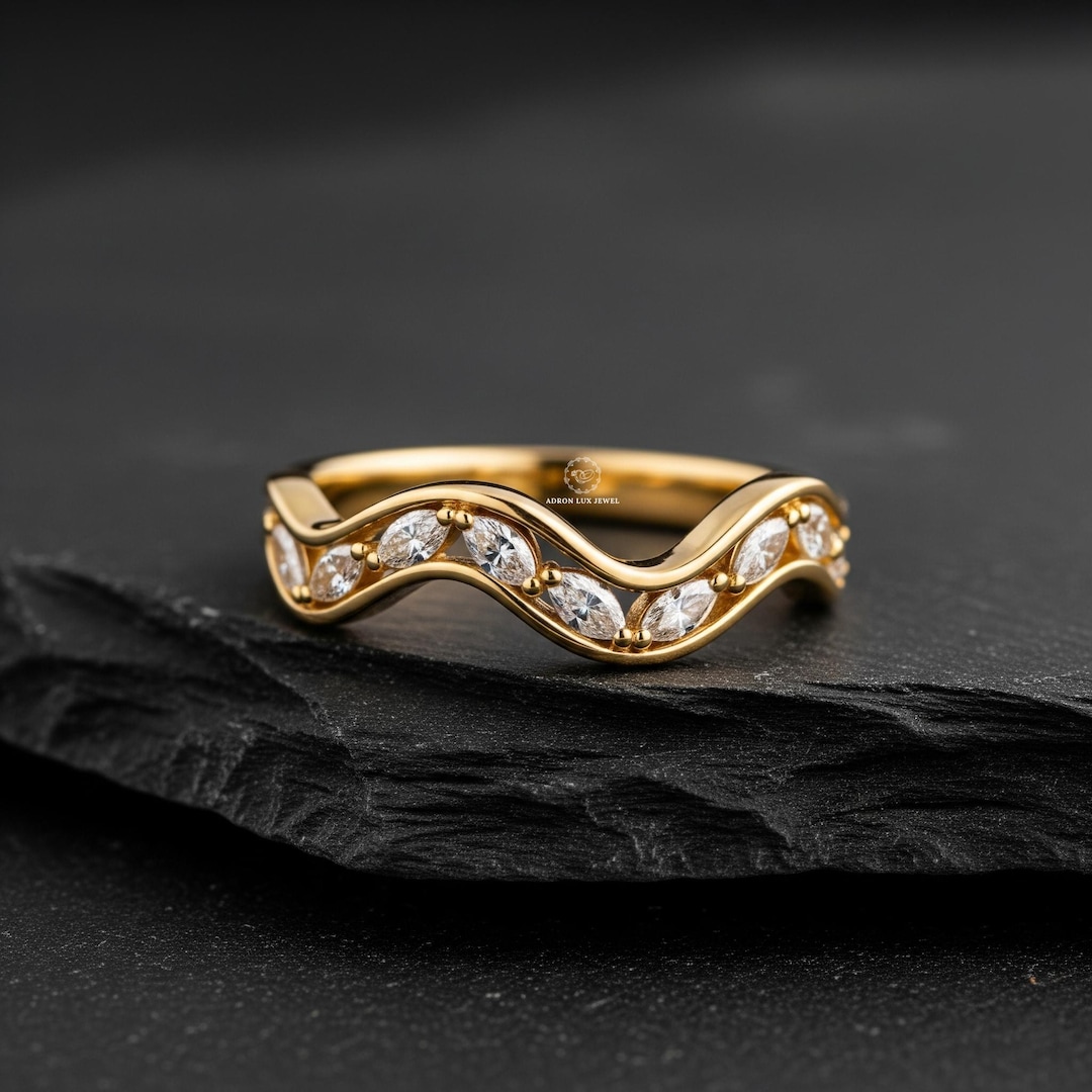 Unique Wavy Band, Squiggle Ring, East to West Marquise Cut Moissanite ...