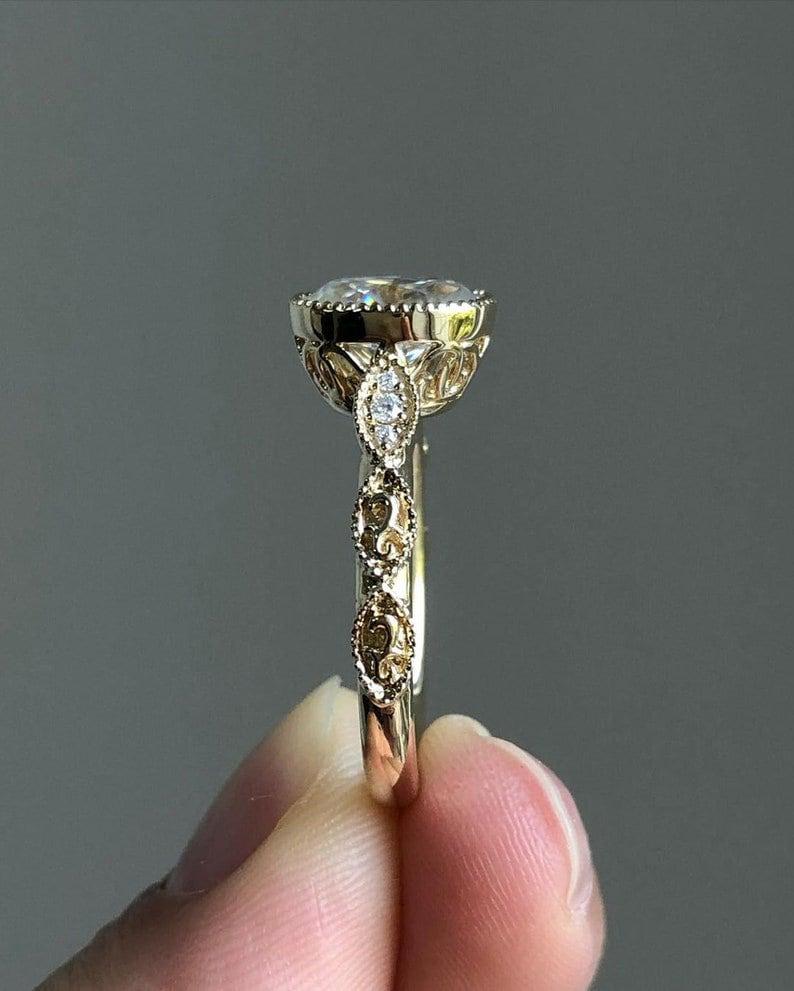 Milgrain Bezel Set Ring, 2.00 CT Oval Cut Colorless Moissanite ...