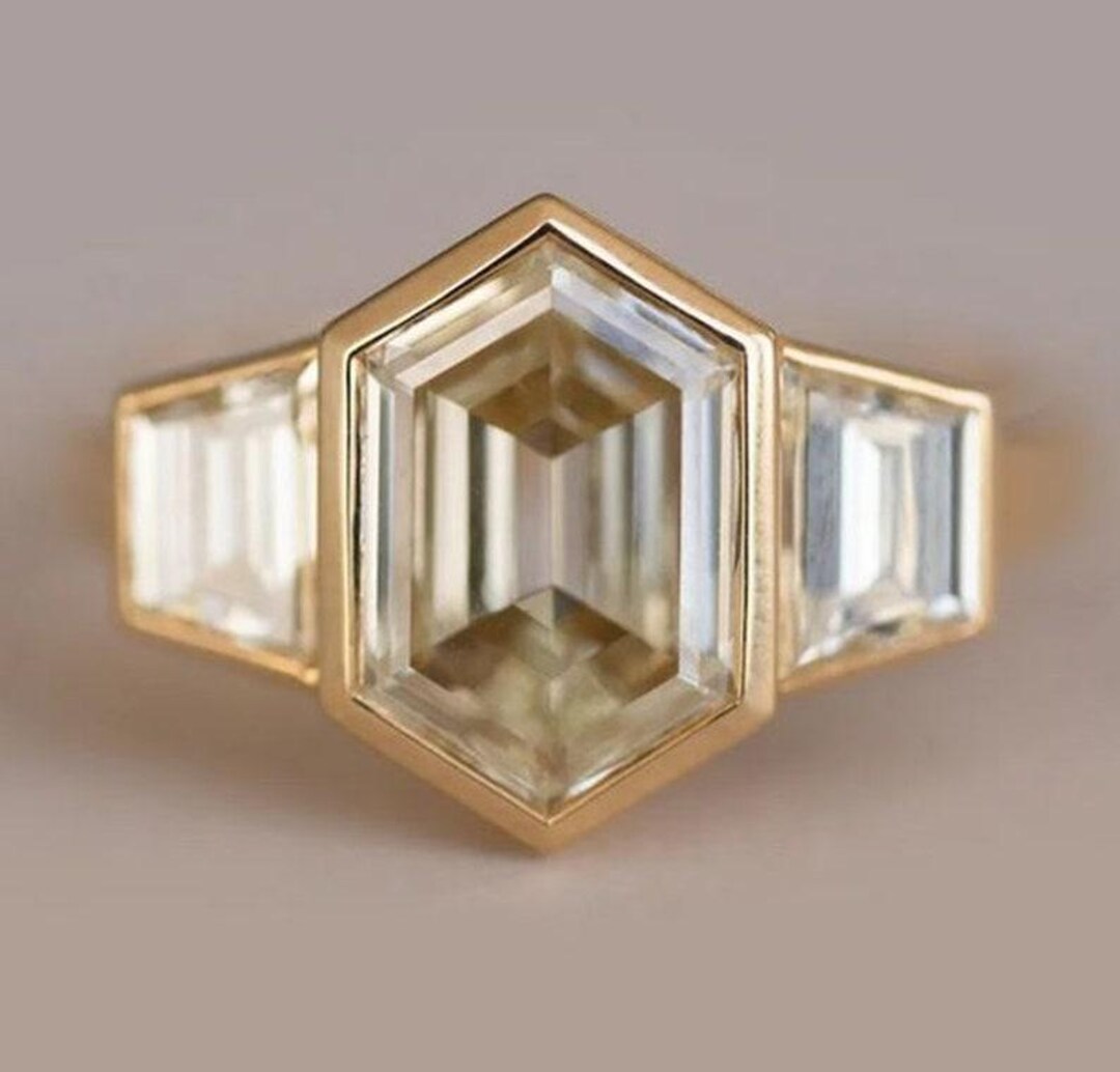 Three Stone Hexagon Shape Ring, 14K Yellow Gold Wedding Ring, Bezel Set ...