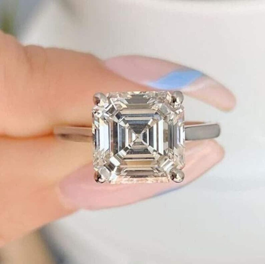 Asscher Cut Solitaire Ring, 3.00 CT Asscher Cut Colorless Moissanite ...