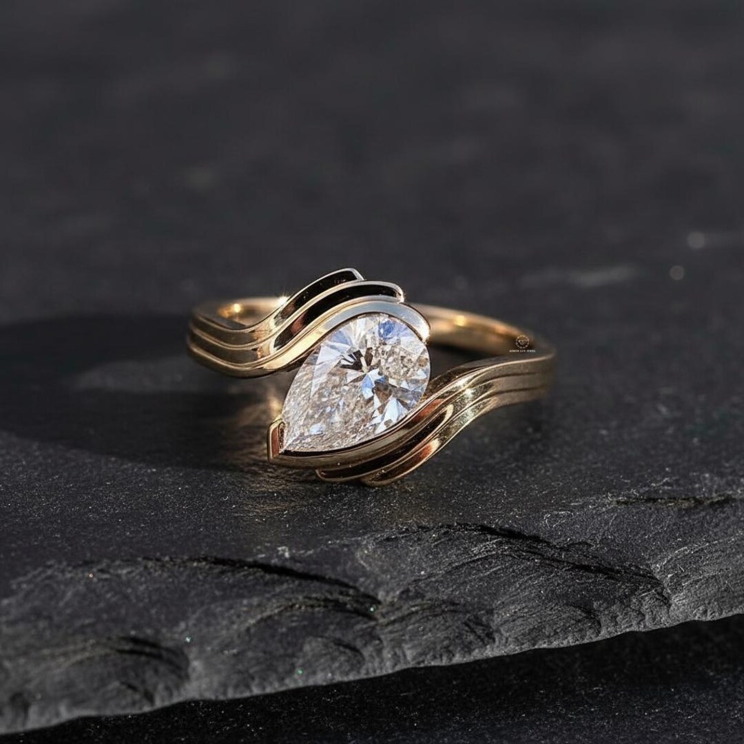 Tear Drop Half Bezel Set Ring, Pear Cut Lab Grown Diamond Engagement ...