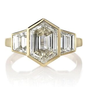 Three Stone Hexagon Shape Ring, 14K Yellow Gold Wedding Ring, Bezel Set ...