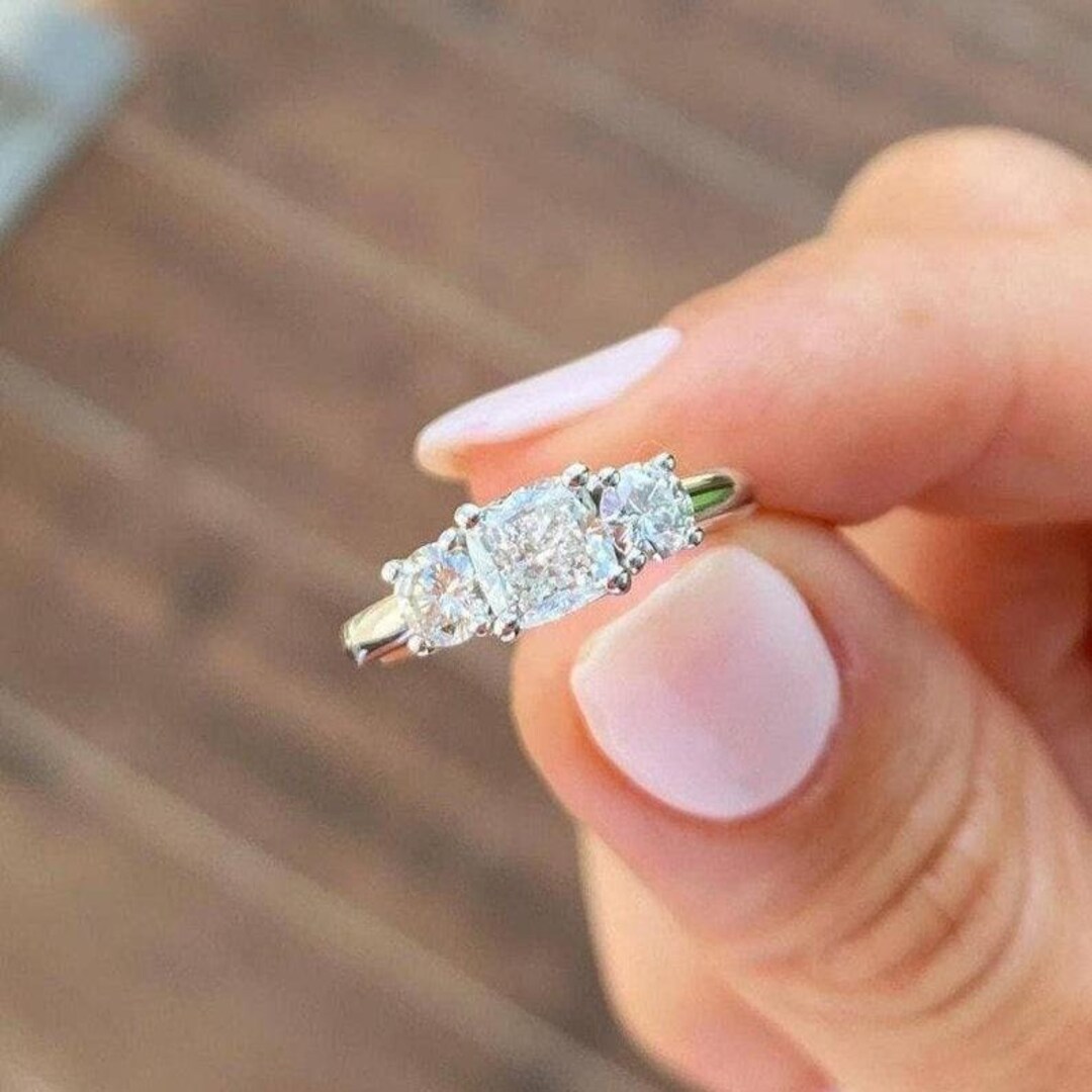14K White Gold Cushion Cut Ring, Three Stone Wedding Ring, Cushion Cut ...