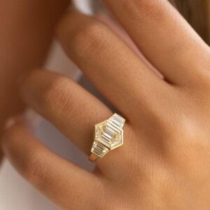 Three Stone Hexagon Shape Ring, 14K Yellow Gold Wedding Ring, Bezel Set ...
