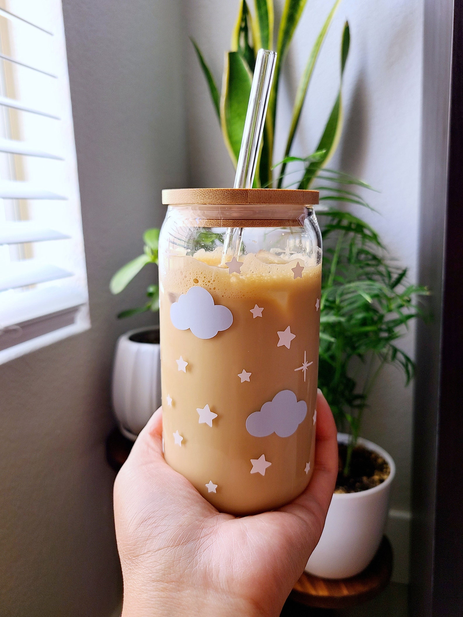 Stars Glass Cup, Vinyl Cup, Iced Coffee Cup, Beer Can Glass, Clouds - Etsy
