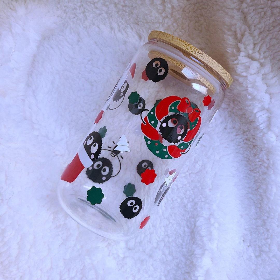Soot Sprite Christmas Glass Cup, Iced Coffee Cup, Vinyl Tumbler, Kawaii ...