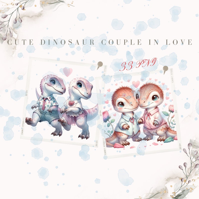 Watercolor Cute Dinosaur Couple in Love, Romantic Dinosaur Clipart ...