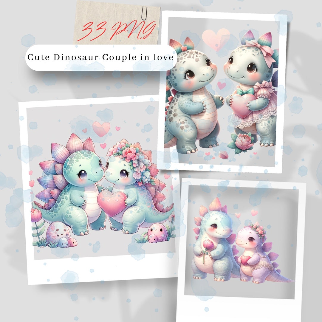 Watercolor Cute Dinosaur Couple in Love, Romantic Dinosaur Clipart ...