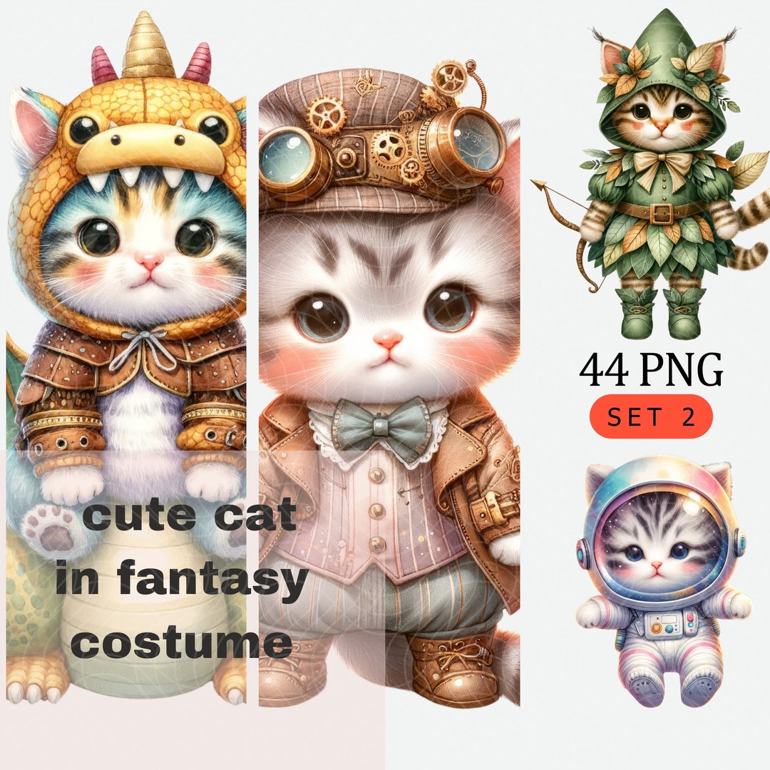 Water Color Cute Cat in Fantasy Costume SET 2, Knight, Mage, Gladiator ...