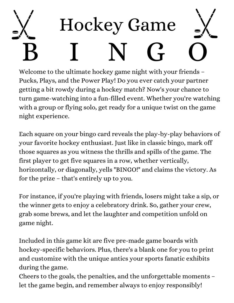Sports Bingo. Printable Bingo Card. Digital Bingo Card. Hockey Bingo ...